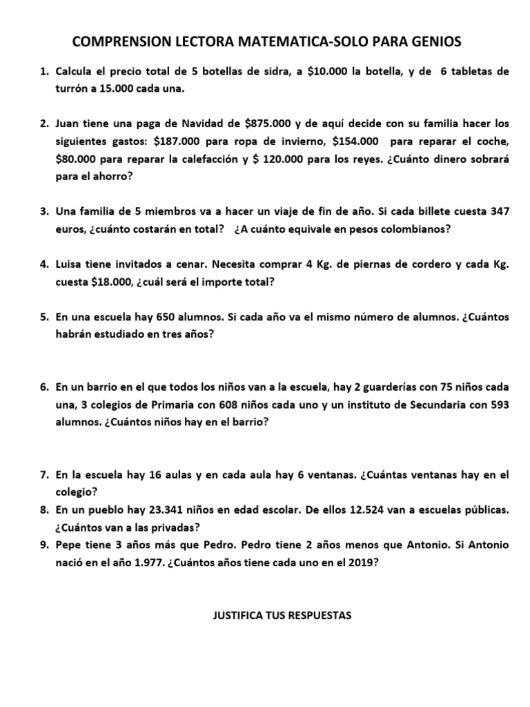 Comprensión Lectora Matemática 3° Primaria | PDF