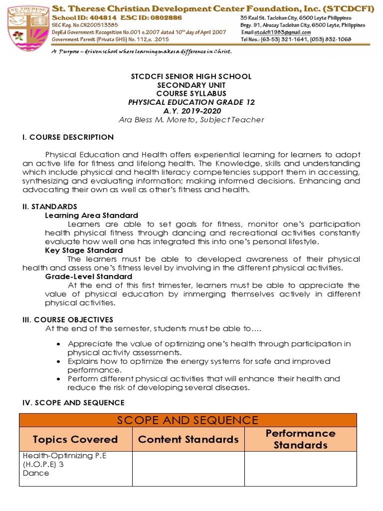 Pe Syllabus g12 | PDF | Physical Education | Learning