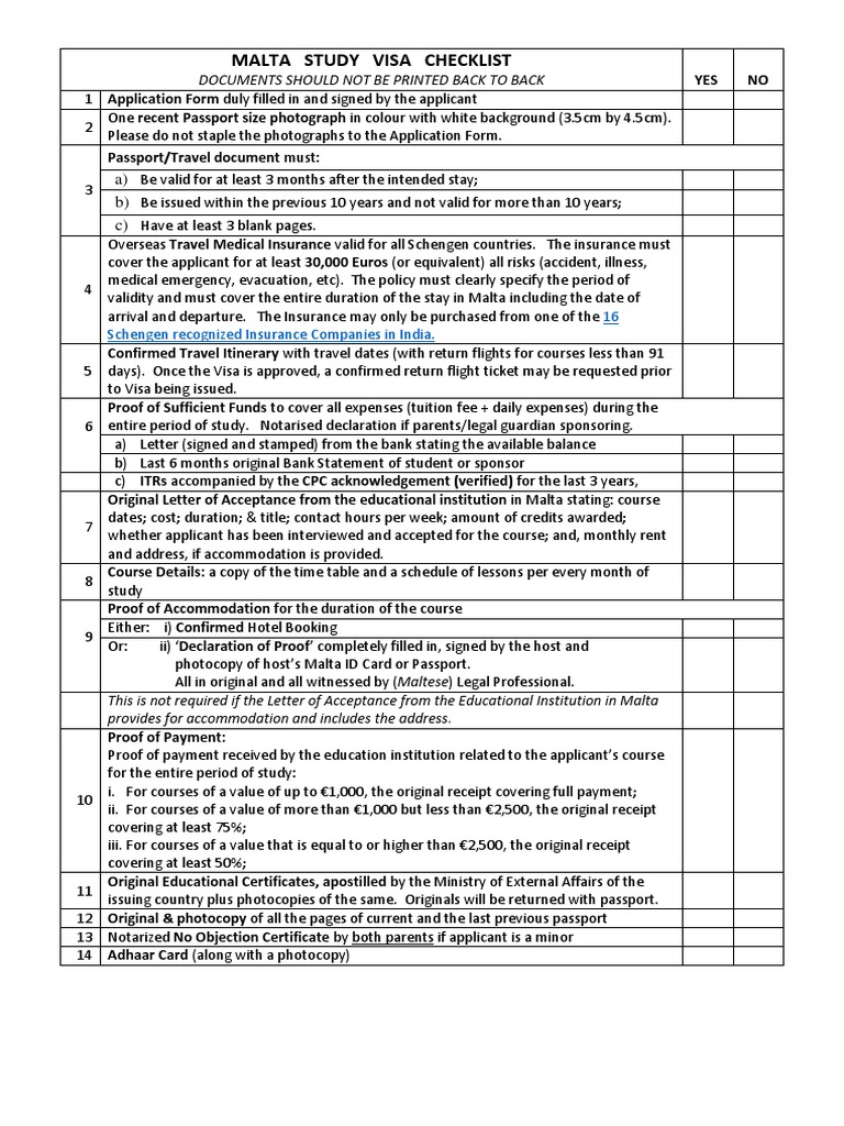 MALTA VFS INDIA Study Visa Checklist | PDF | Travel Visa | Passport