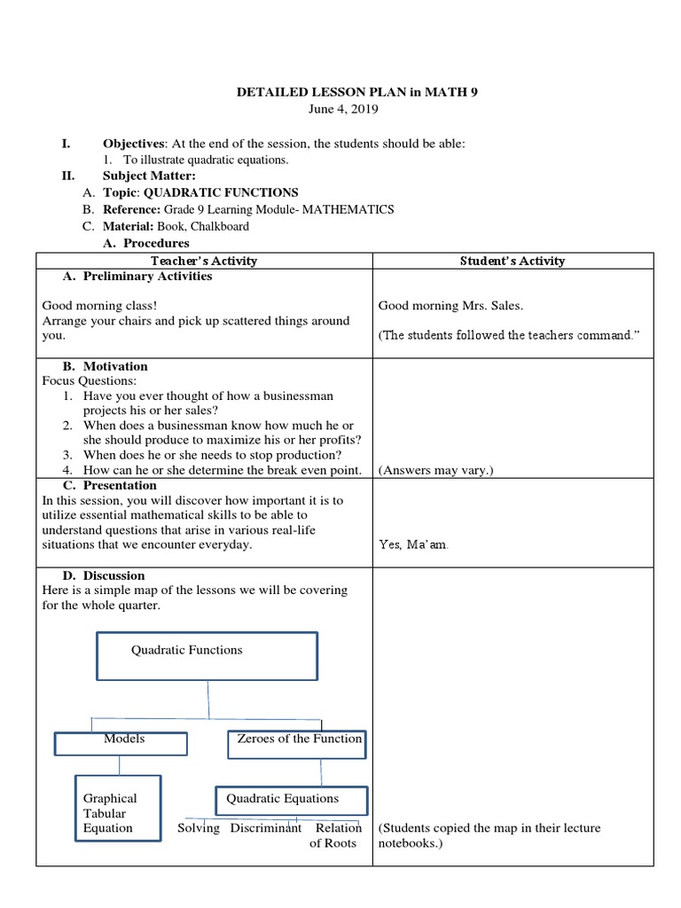 Detailed Lesson Plan in Math 9: 1. To Illustrate Quadratic Equations ...