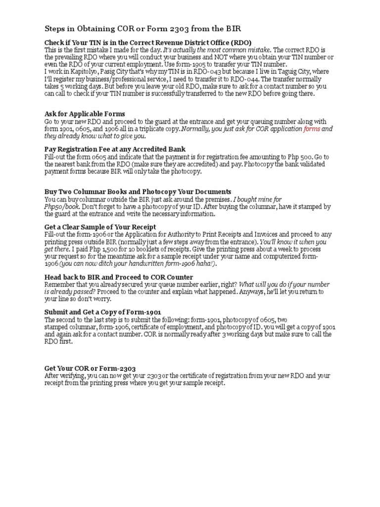 Obtaining a Certificate of Registration (COR) or Form 2303 from the ...