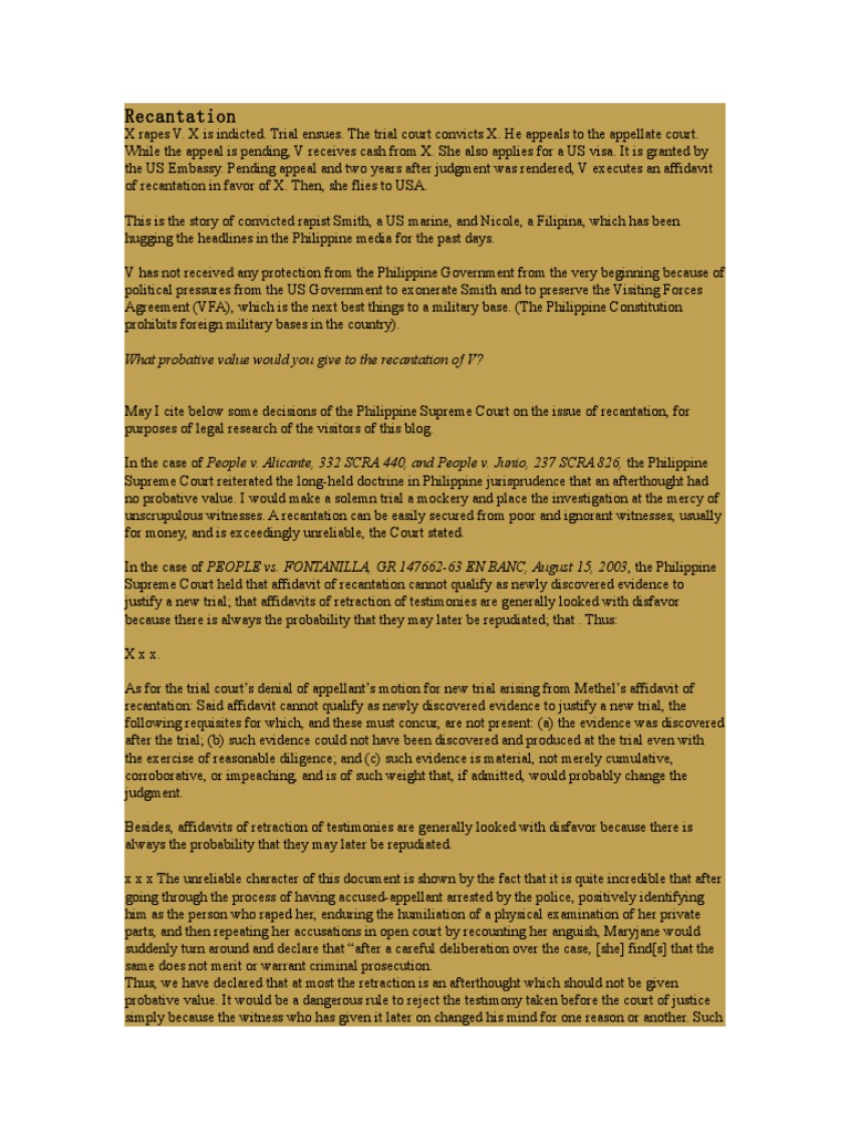 Recantation: What Probative Value Would You Give To The Recantation of ...