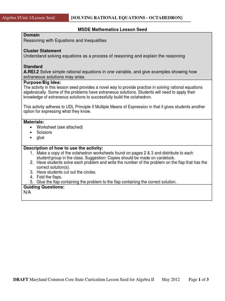 Reasoning With Equations and Inequalities: Algebra I/Unit 1/lesson Seed ...