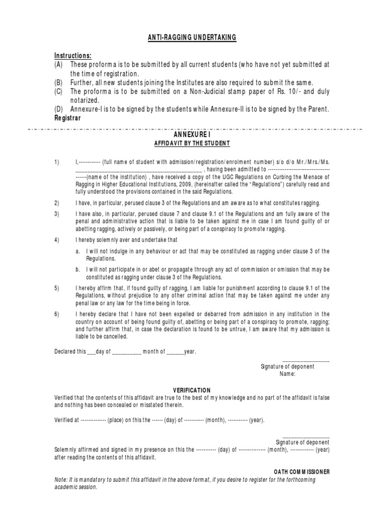 Anti-Ragging Undertaking: Instructions | PDF | Affidavit | Government
