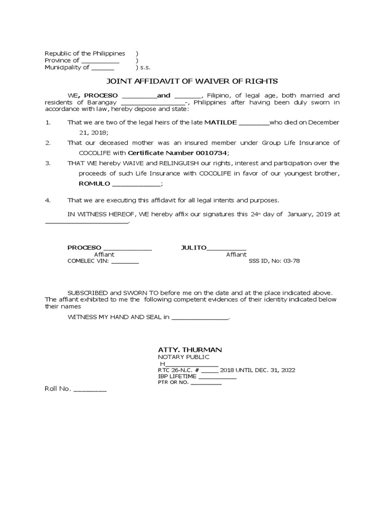 Format On Joint Affidavit of Waiver | PDF