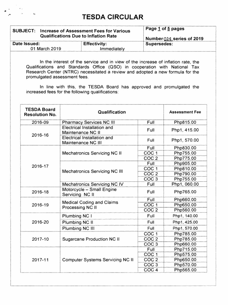 TESDA Assessment Fee Increase 2019 | PDF | Nature | Business
