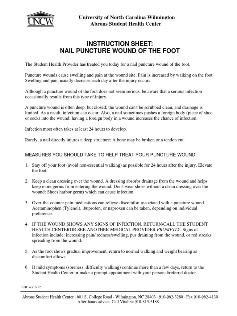 Instruction Sheet: Nail Puncture Wound of The Foot: University of North ...
