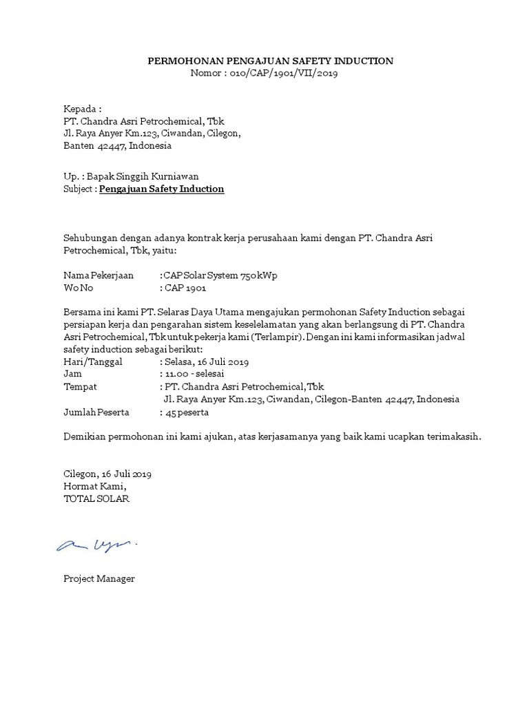 007CAP1901 Surat Permohonan Safety Induction | PDF