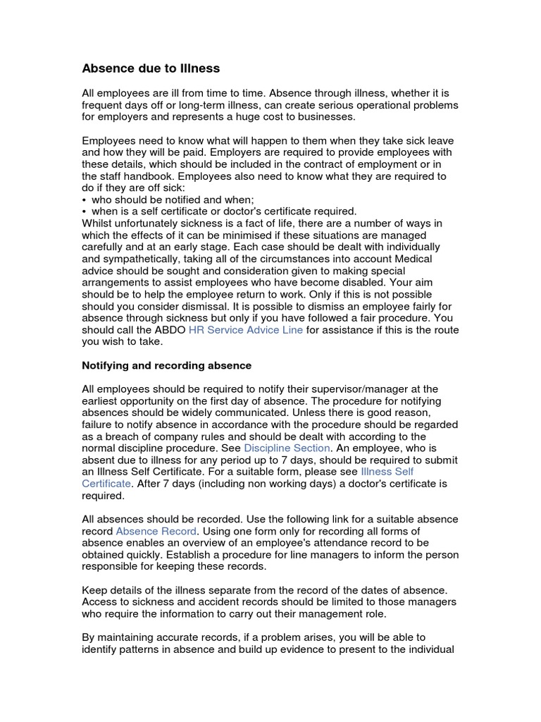 Absence Due To Illness | PDF | Performance Appraisal | Employment