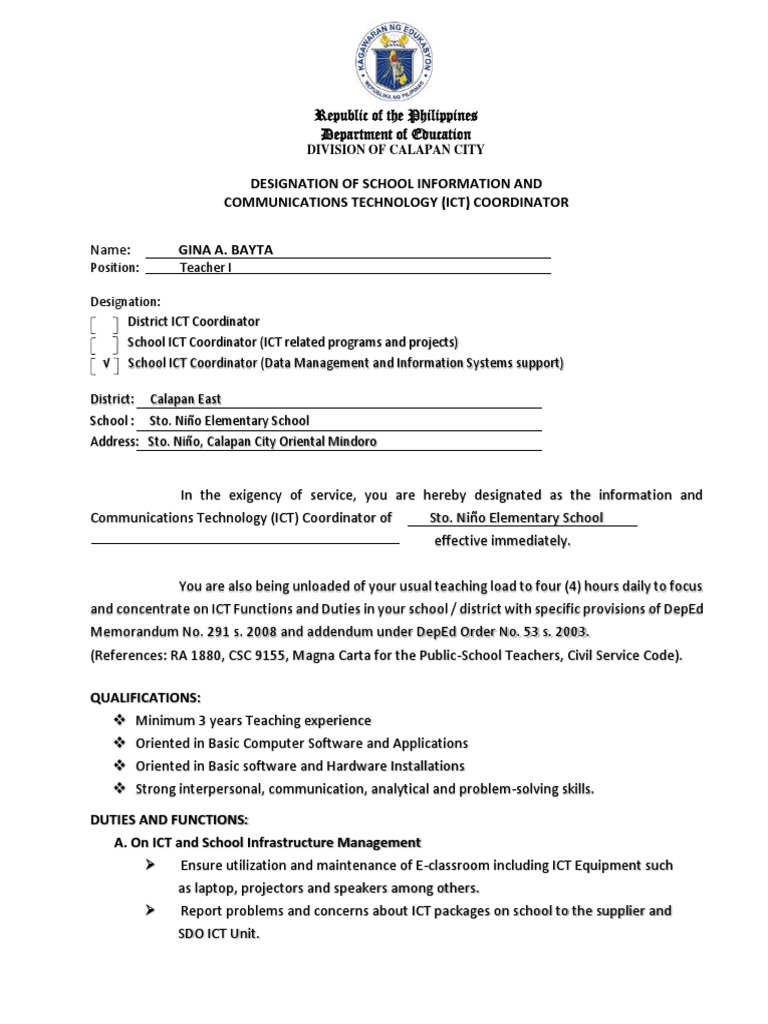 Designation of School Information and Communications Technology (Ict ...