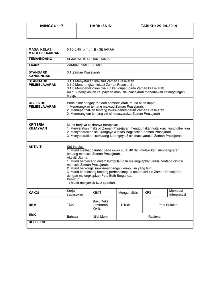 Contoh RPH Sejarah Ting 1 | PDF