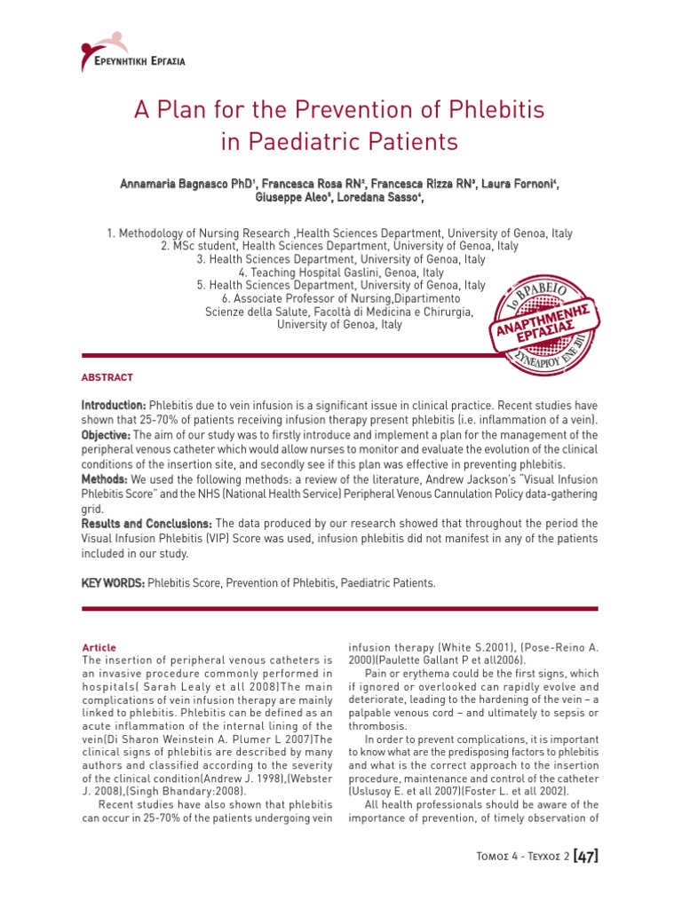 A Plan For The Prevention of Phlebitis in Paediatric Patients | PDF | Intravenous Therapy | Medicine