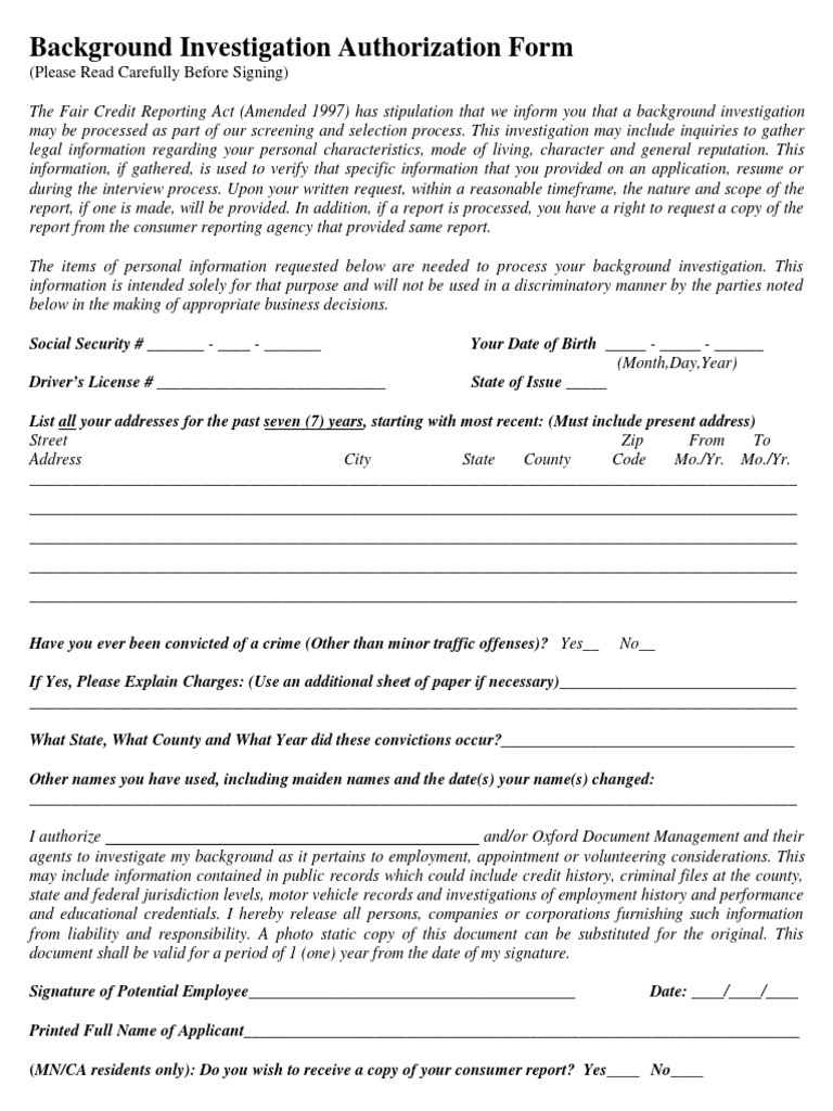 Background Investigation Authorization Form | PDF | Background Check ...