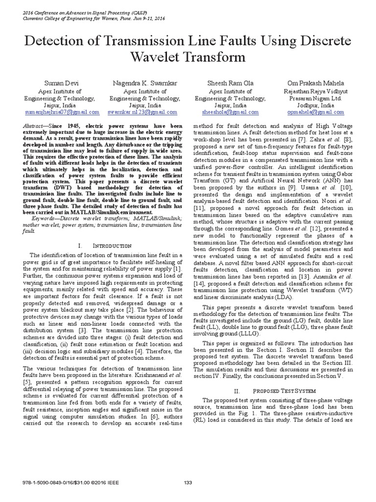 Detection Of Transmission Line Faults Using Discrete Wavelet Transform Download Free Pdf