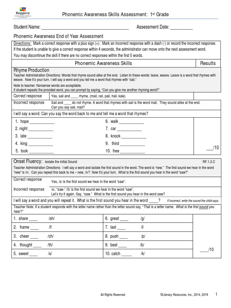 1st Grade End-Of-Year Phonemic Awareness Assessment | PDF | Syllable ...