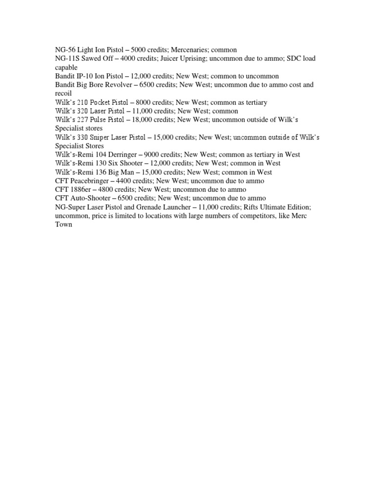 Rifts Weapon Price Guide | PDF