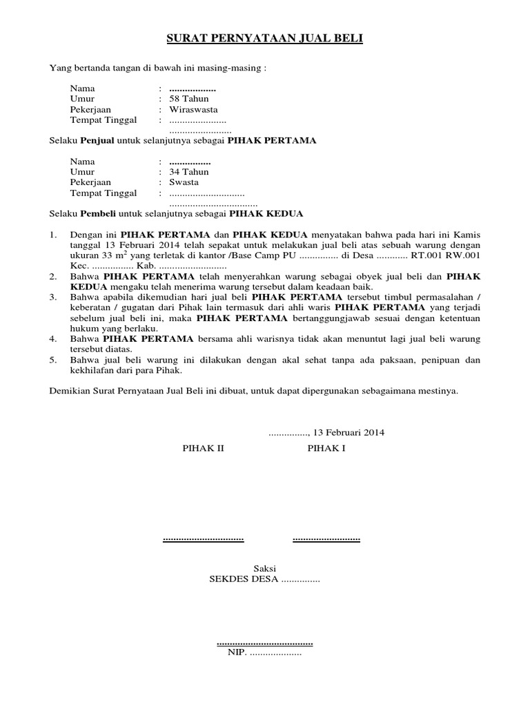 Surat Perjanjian Jual Beli Kios | PDF