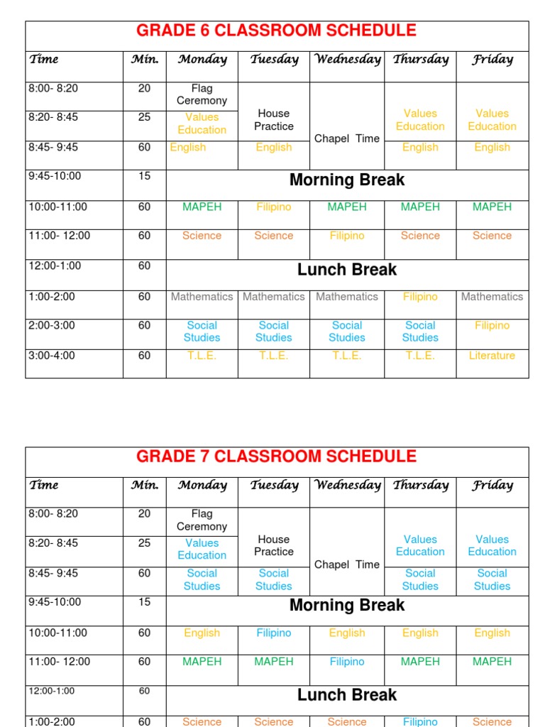 Class Schedules for Grades 6-10 of ABC High School | PDF | Learning ...
