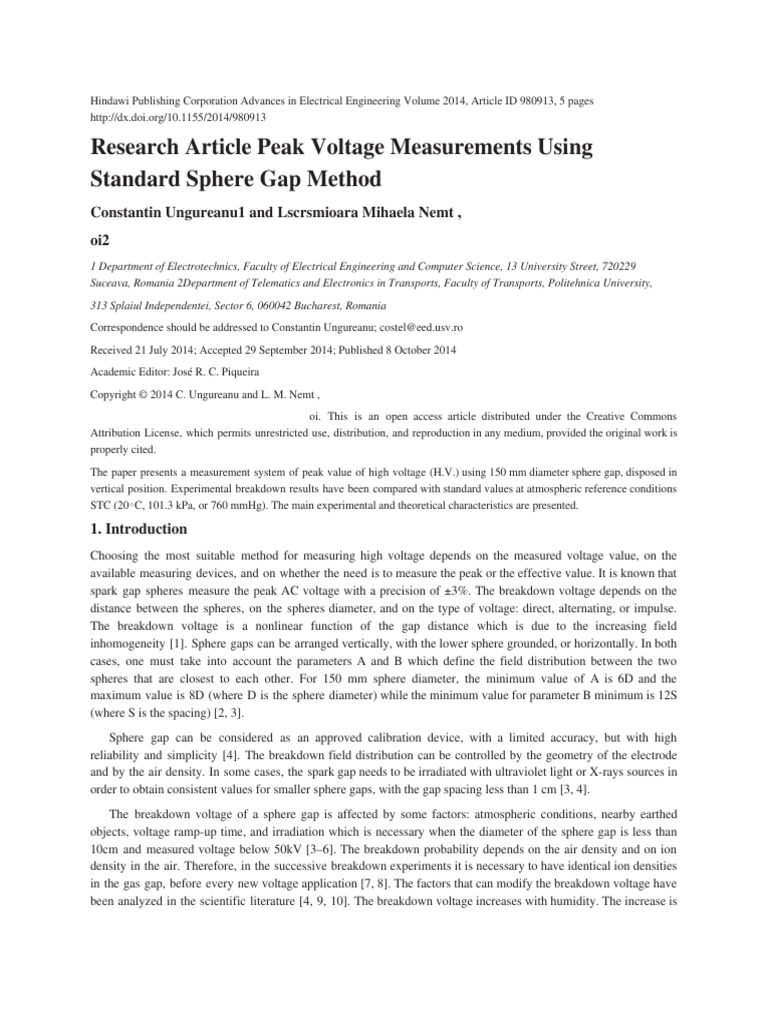 Research Article Peak Voltage Measurements Using Standard Sphere Gap ...