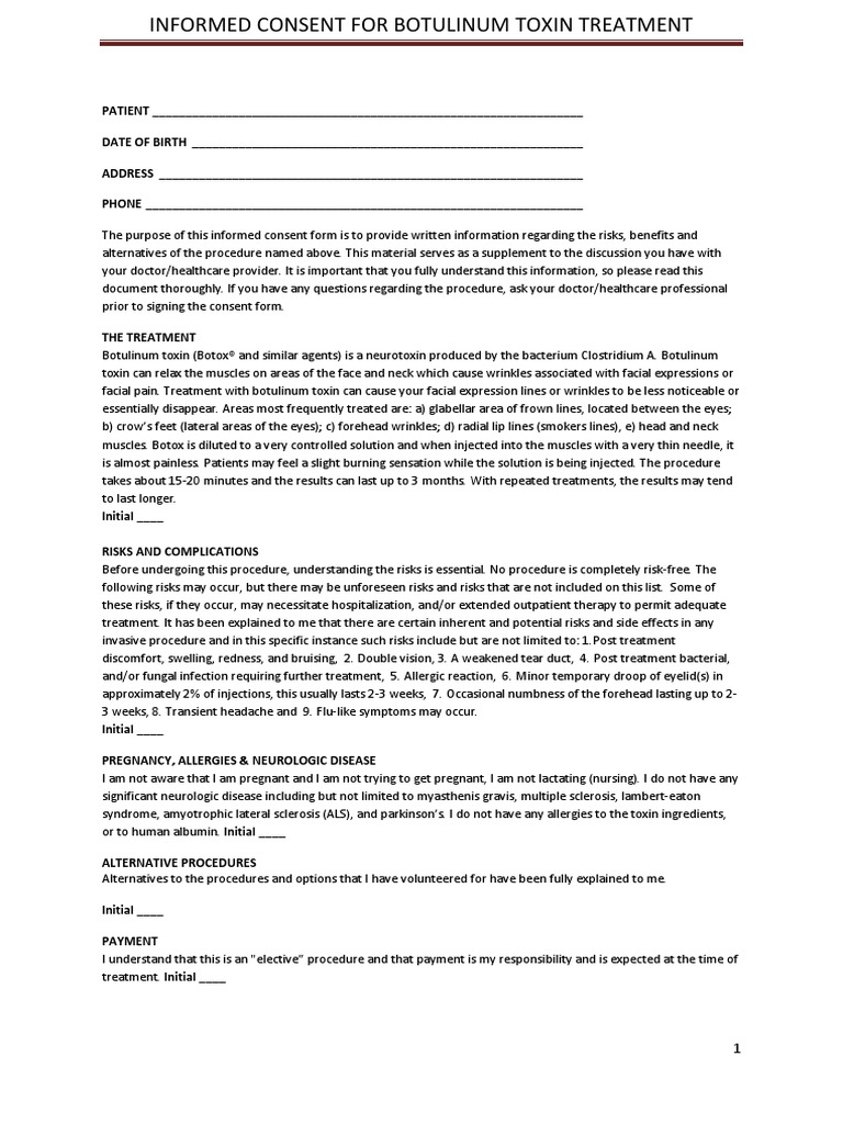 Botox Consent Form English | PDF | Botulinum Toxin | Wrinkle