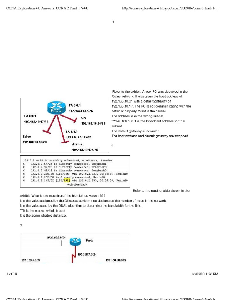 CCNA Exploration 4.0 Answers: CCNA 2 Final 1 V4.0 | PDF | Routing | Router (Computing)