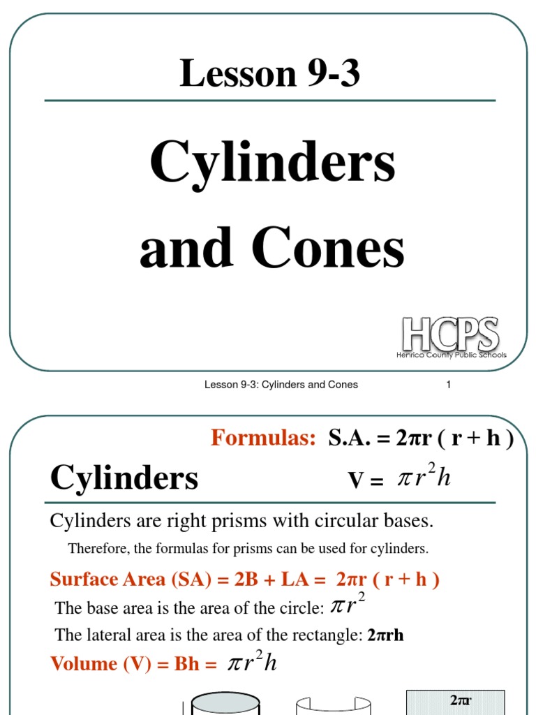 Cylinders and Cones: Formulas and Examples | PDF | Area | Volume