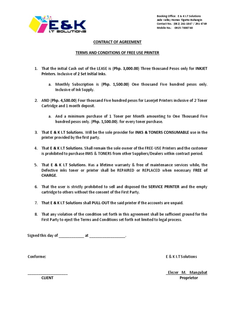 Terms and Conditions for Printer Lease and Ink/Toner Supply Agreement ...