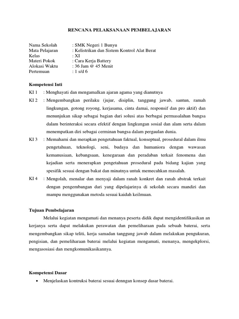 RPP - Kelistrikan Dan Sistem Kontrol Alat Berat - Kelas XI - K13 | PDF