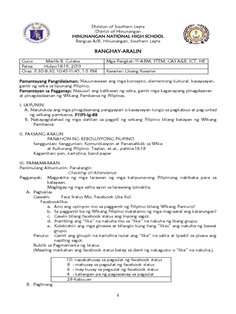 Lesson Plan in Filipino 11 | PDF