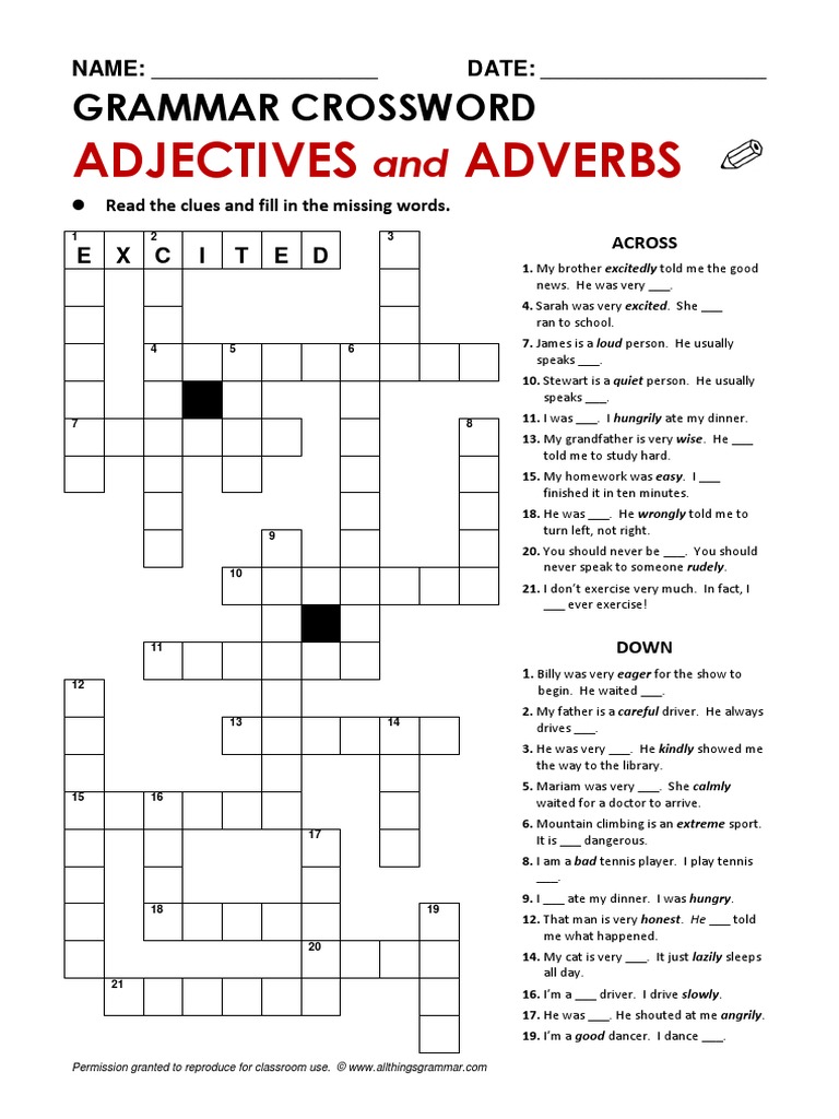 Adjective and Adverbs - Crosswords PDF | PDF | Syntax | Grammar
