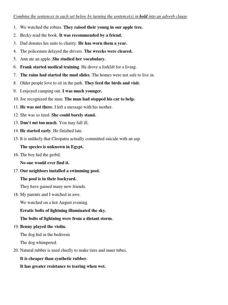 Combine The Sentences in Each Set Below by Turning The Sentence(s) in ...