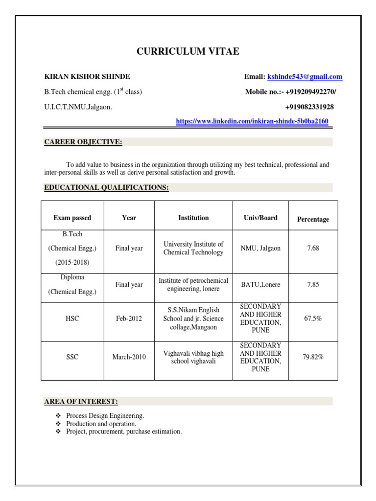 Curriculum Vitae: Kiran Kishor Shinde Email | PDF | Chemical Engineering | Chemistry