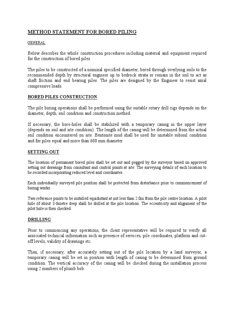 A Methiod Statmnent For Bore Piling | PDF | Deep Foundation | Drilling