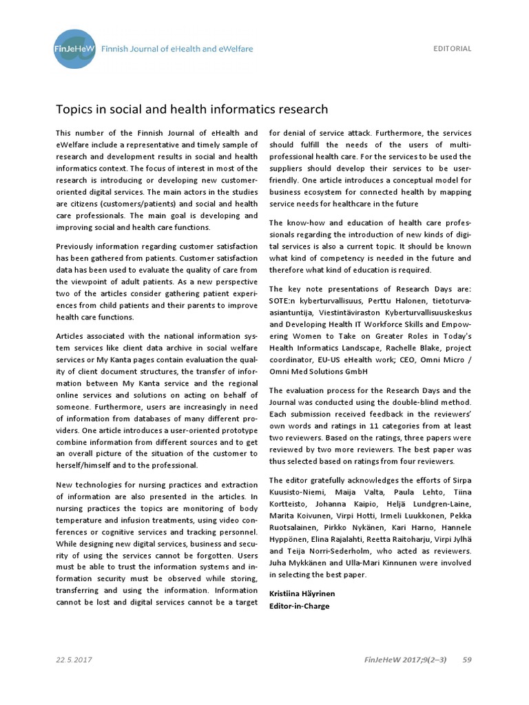 Topics in Social and Health Informatics Research: Editorial | PDF ...