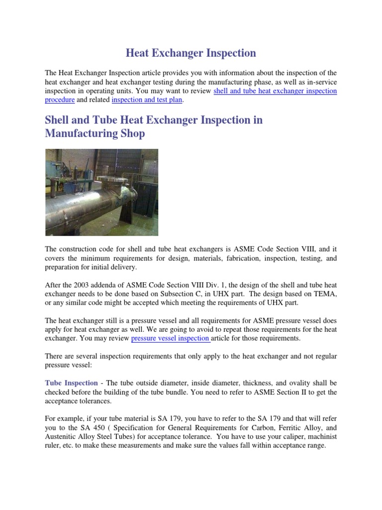 Heat Exchanger Inspection | PDF | Heat Exchanger | Pipe (Fluid Conveyance)