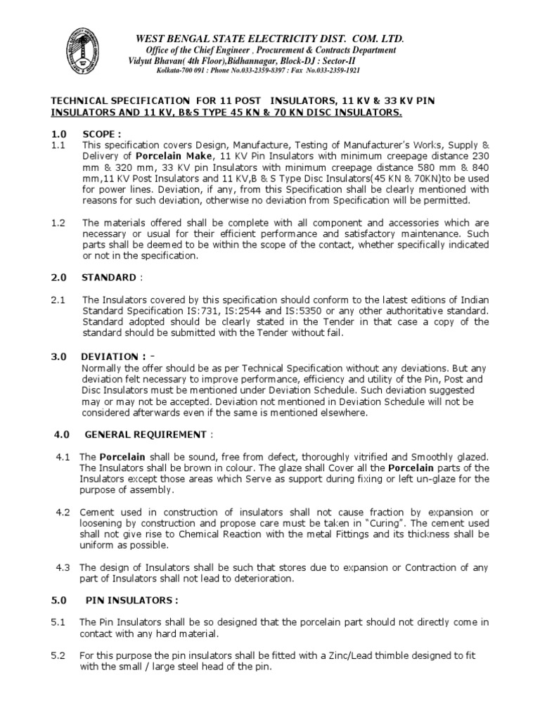 Technical Specs for 11 KV Insulators | PDF | Insulator (Electricity ...