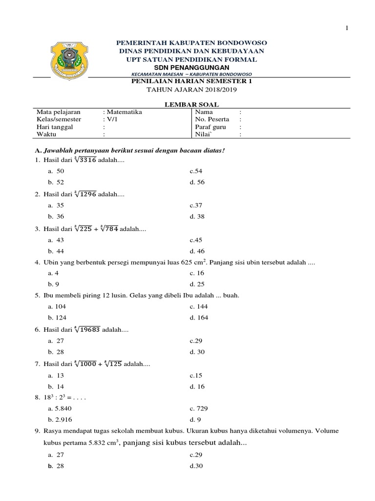 01.soal Uts Matematika | PDF