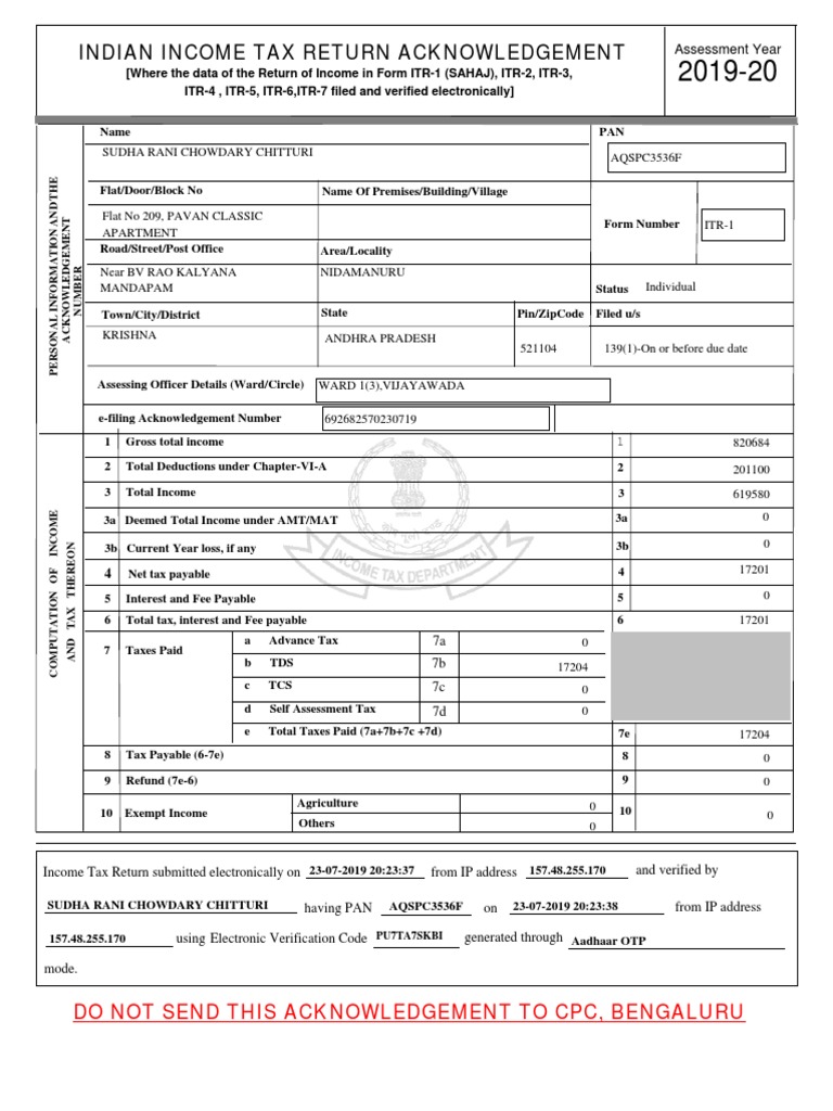 Indian Income Tax Return Acknowledgement: Do Not Send This ...