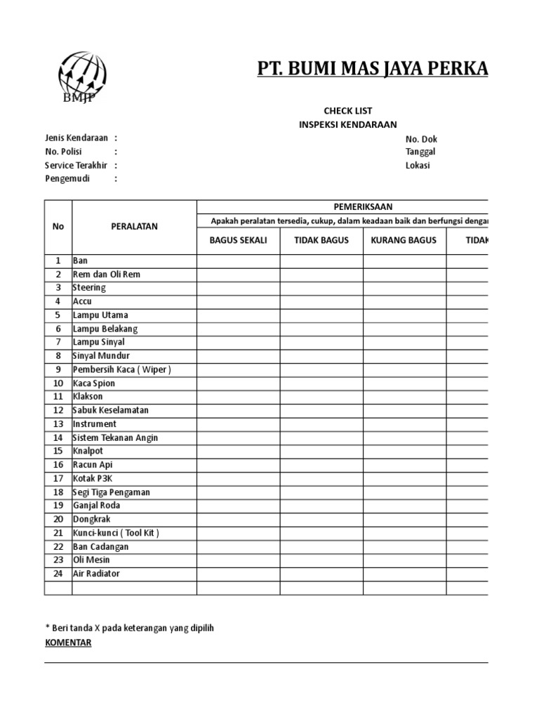 Form Checklist Inspeksi Kendaraan | PDF