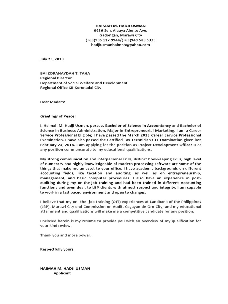 2018 Application Letter-Dswd (Revised) | PDF