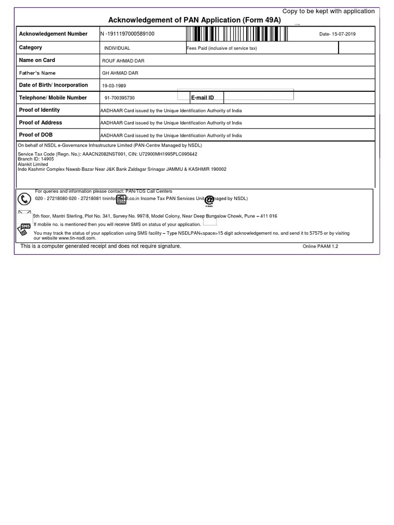 Acknowledgement of PAN Application (Form 49A) | PDF | Identity Document | Applications Of ...