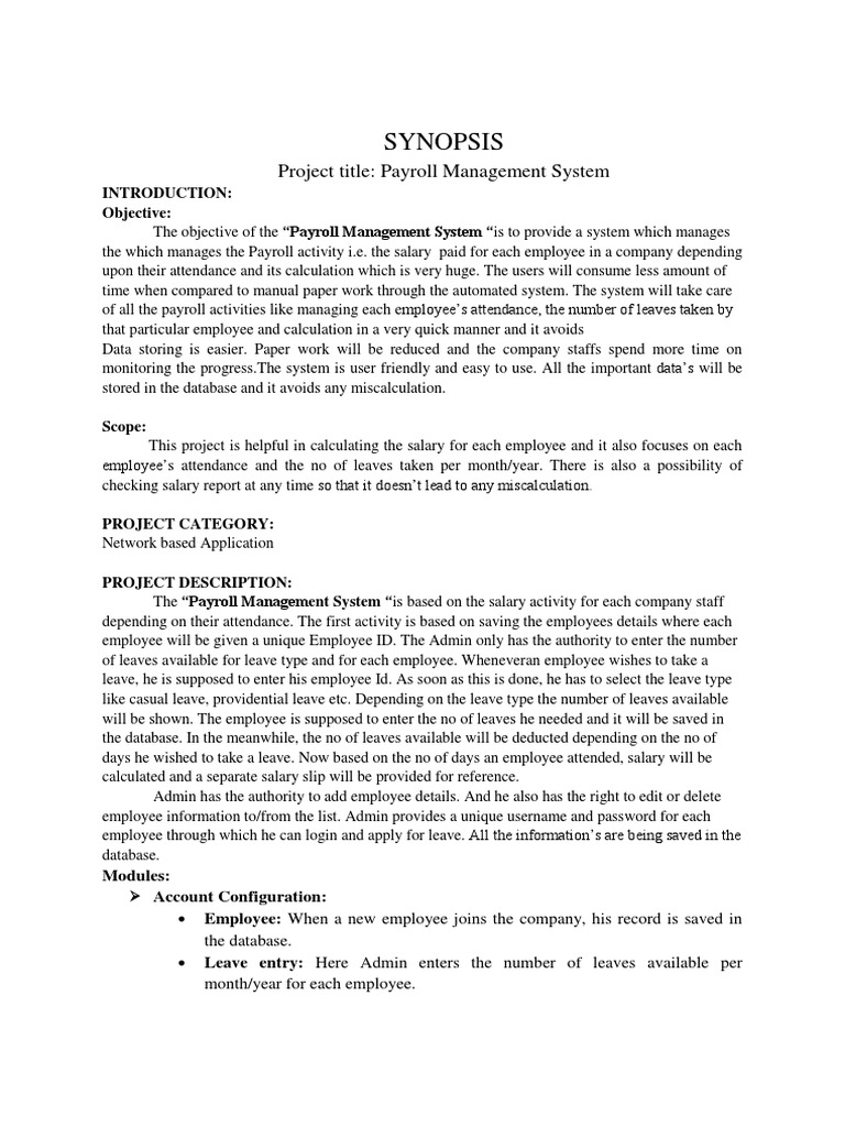 Synopsis: Project Title: Payroll Management System | PDF | Microsoft Sql Server | Databases