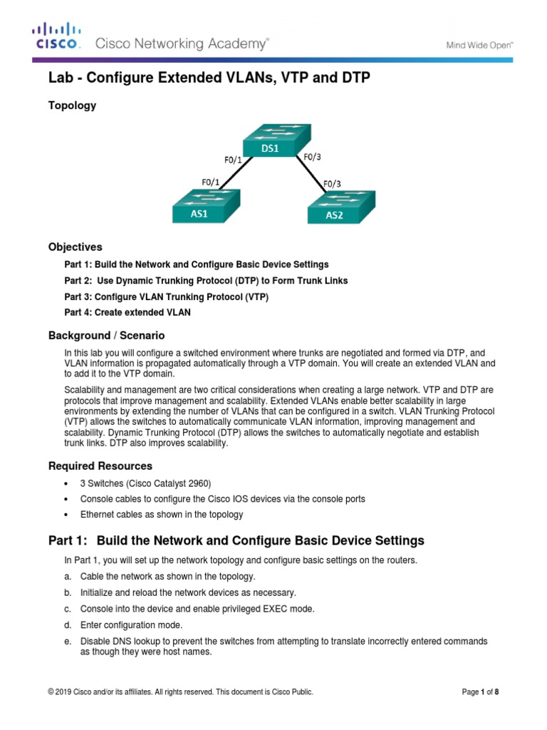 3.1.4.2 Lab - Configure Extended VLANs, VTP and DTP | PDF | Network Switch | Network Topology