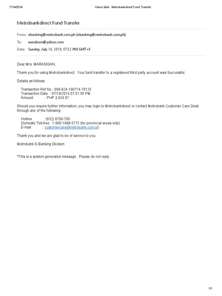 Metrobank Fund Transfer Confirmation Email | PDF