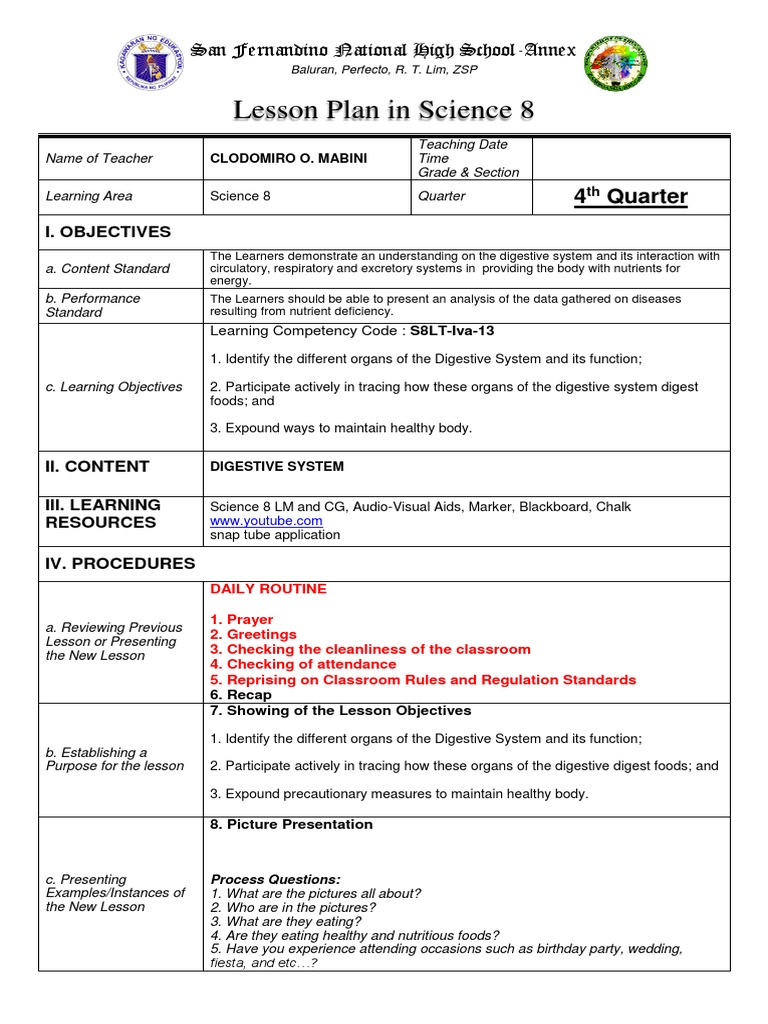 Grade 8 Digestive System Lesson Plan | PDF | Human Digestive System ...