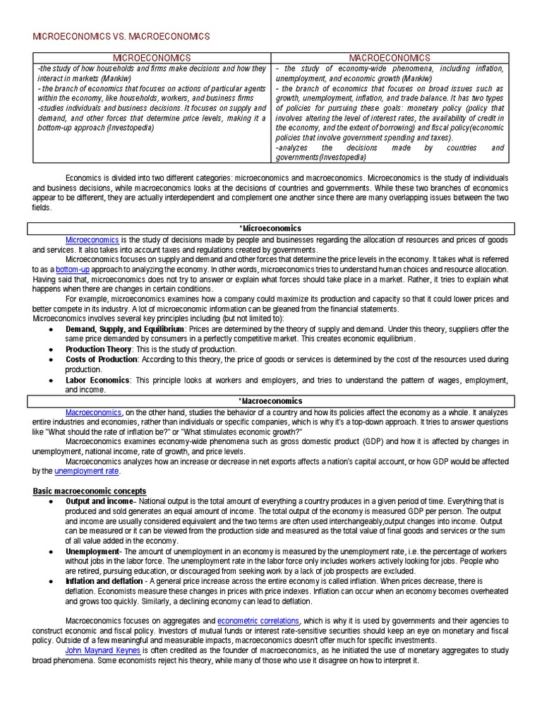 Microeconomics Vs Macroeconomics Microeconomics Macroeconomics Pdf