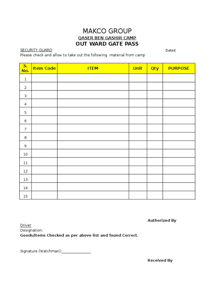Outward Gate Pass Format | PDF
