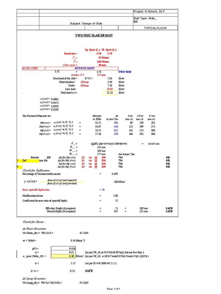 Two Way Slab Design: Panal Size 6.50 3.70 25 500 30 MM Lg. Span (L) Sh ...