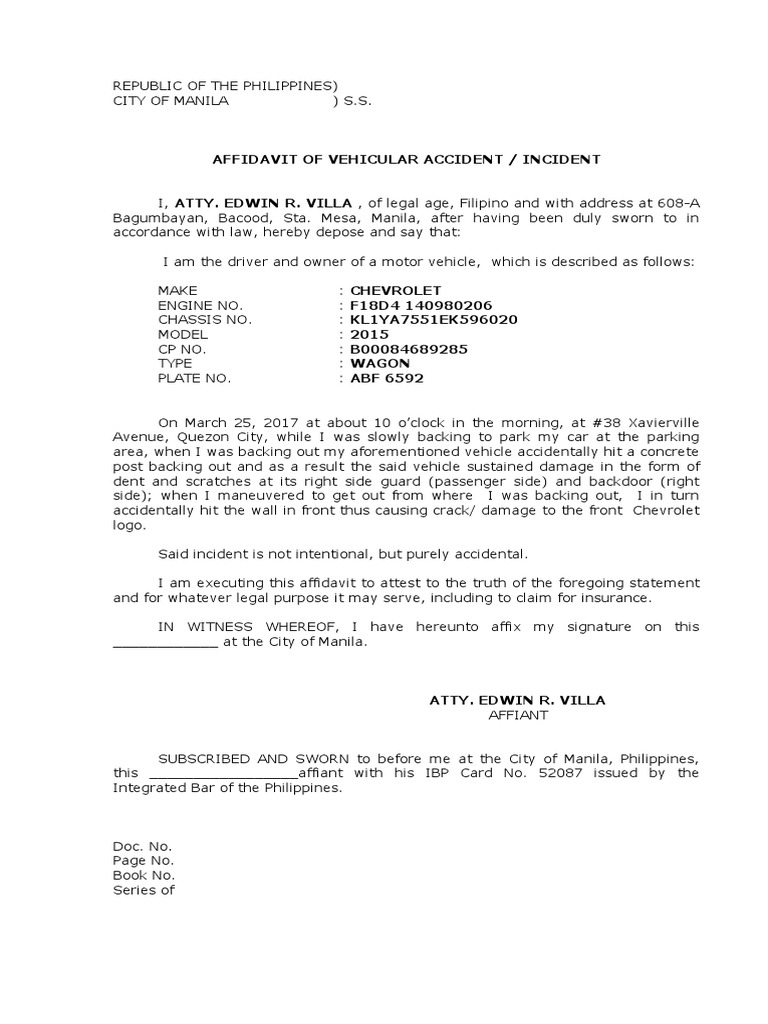Affidavit of Vehicular Accident / Incident | PDF