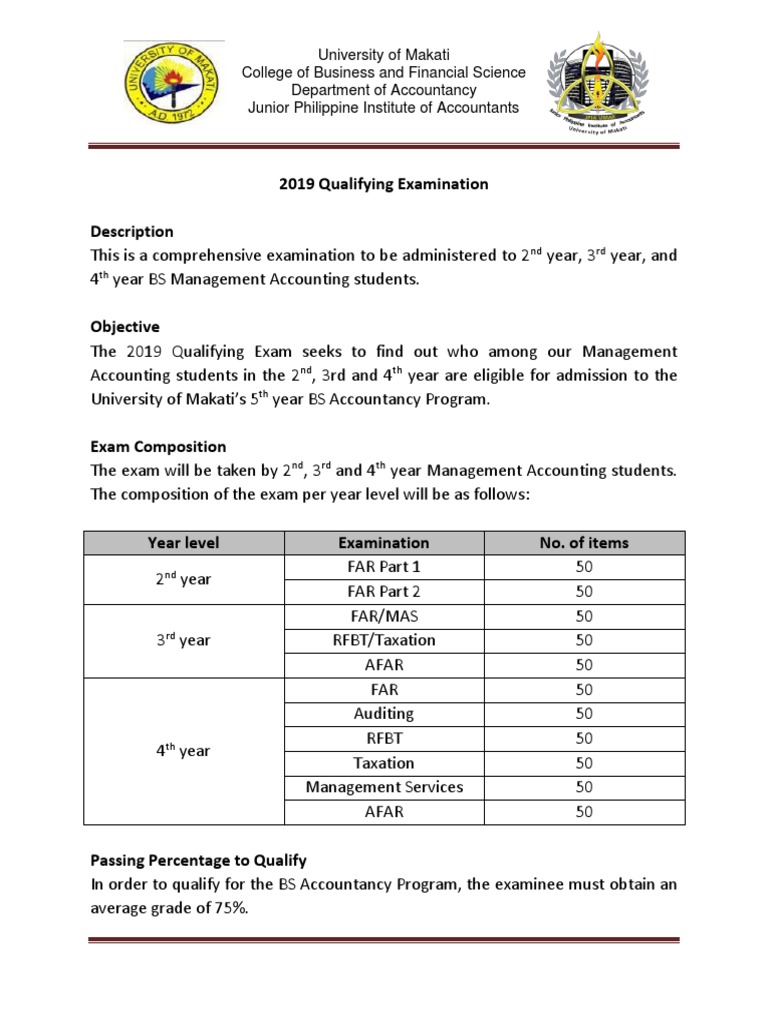 2019 Qualifying Exam for BS Accountancy | PDF | Test (Assessment ...